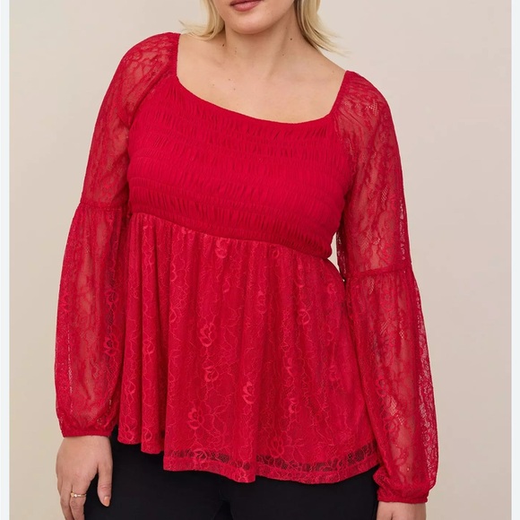 torrid | Tops | Torrid Red Sheer Lace Puff Sleeve Babydoll Top Blouse ...